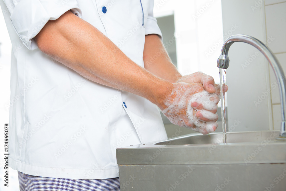 chef washing his hands prior to cook foto de Stock | Adobe Stock