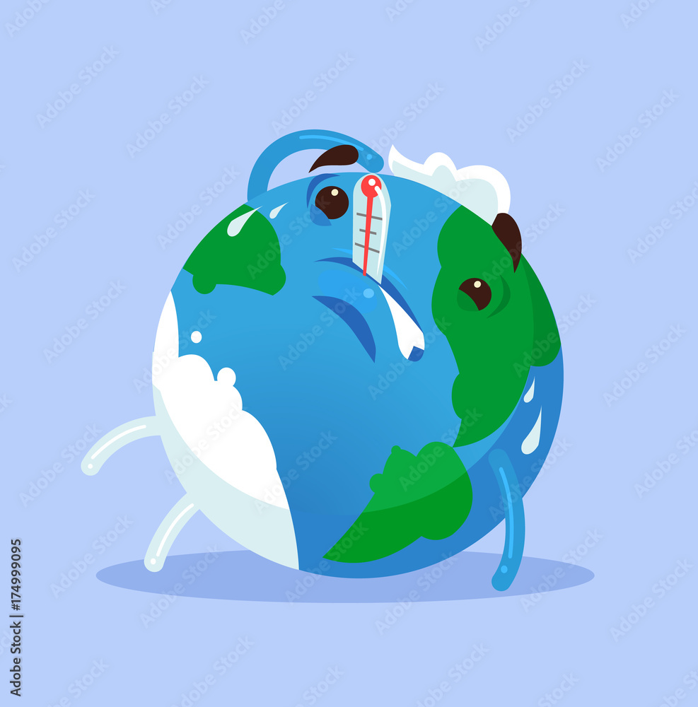 Unhappy tired ill planet Earth character. Global warming concept ...