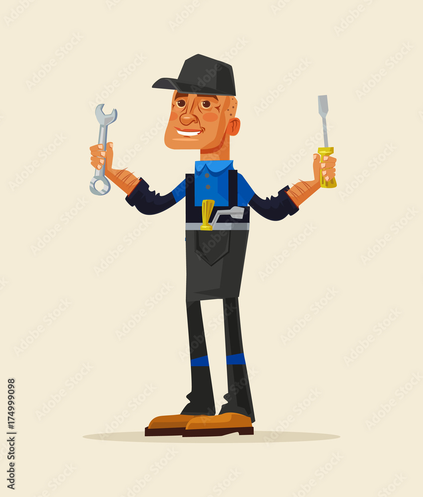 Happy smiling repair man character holding work tool. Vector flat ...