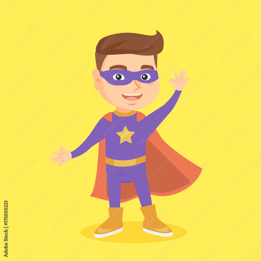 Brave caucasian boy pretending to be a superhero. Cheerful boy playing ...