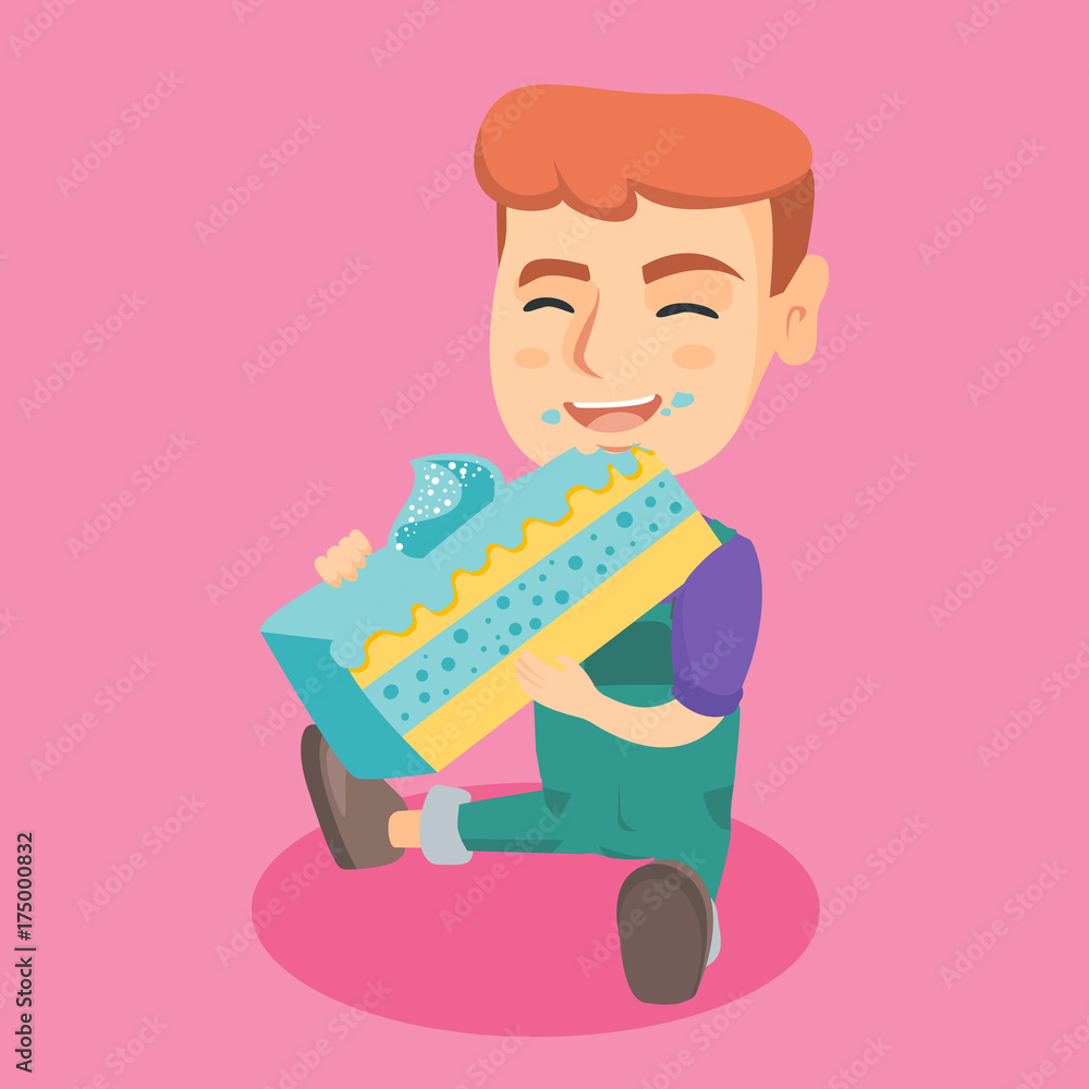 Little caucasian happy boy sitting on the floor and eating a piece of ...