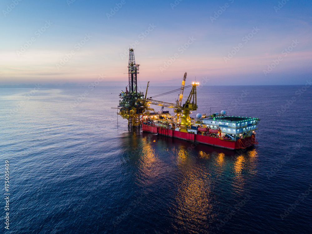 Aerial View of Tender Drilling Oil Rig (Barge Oil Rig) in The Middle of ...