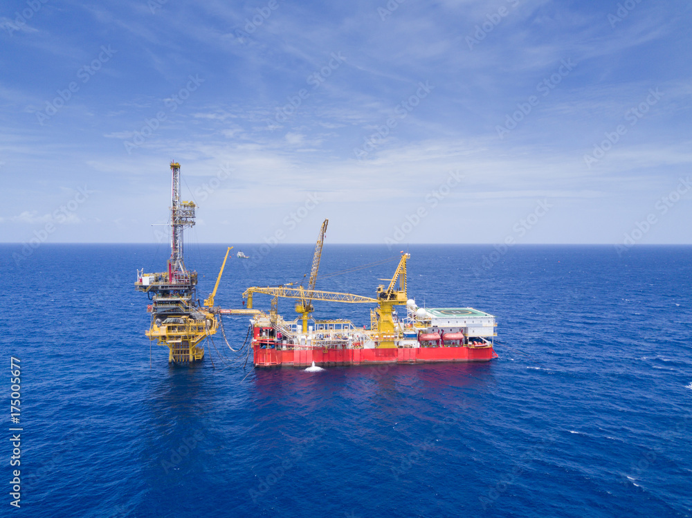 Aerial View of Tender Drilling Oil Rig (Barge Oil Rig) in The Middle of ...