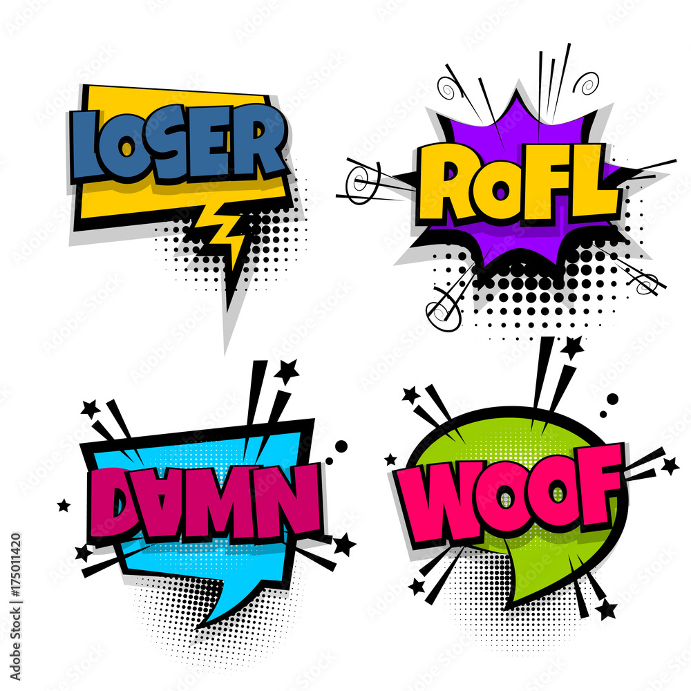 damn rofl woof loser set lettering. Comics book balloon. Bubble icon ...