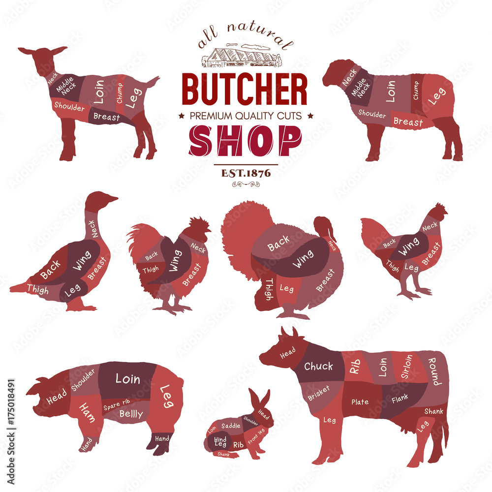 Butcher shop collection. Butcher shop set. Farm animals silhouette. Cow ...