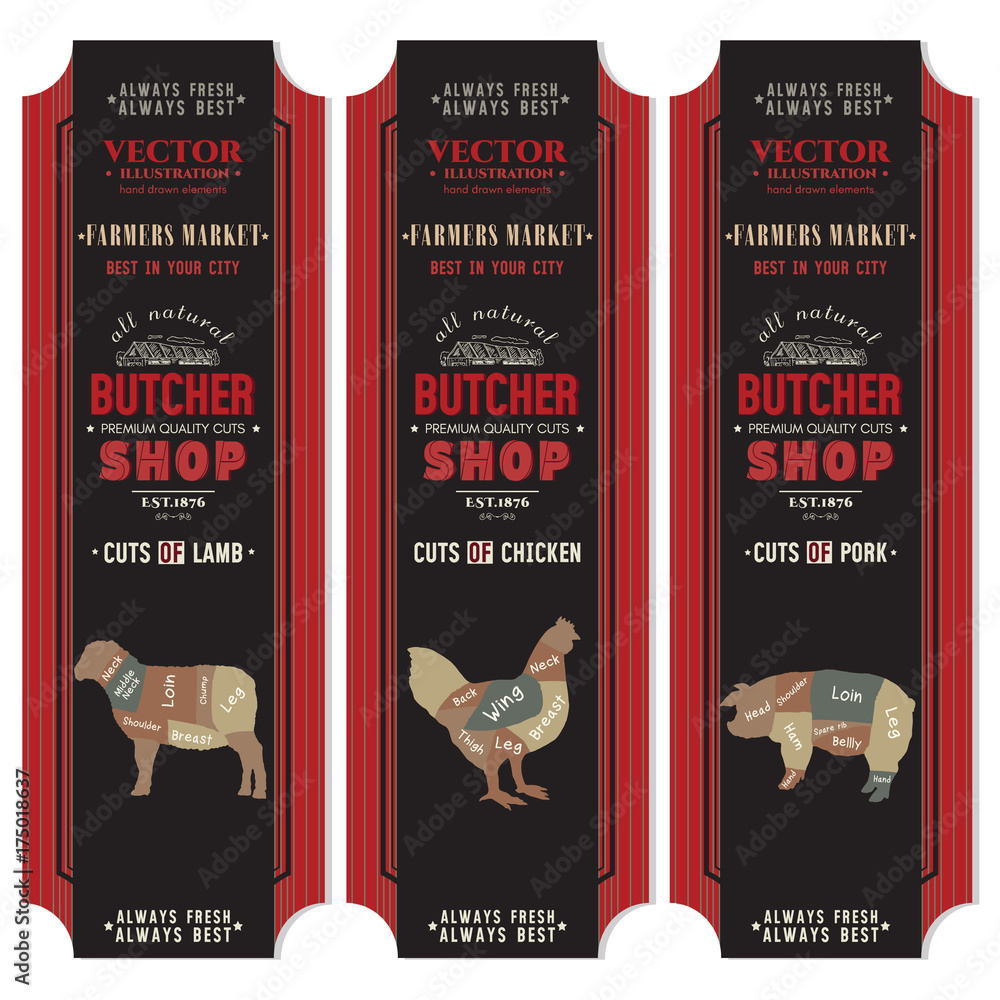 Vetor de Butcher shop banner. Butcher shop, meat chicken, pork, lamb ...