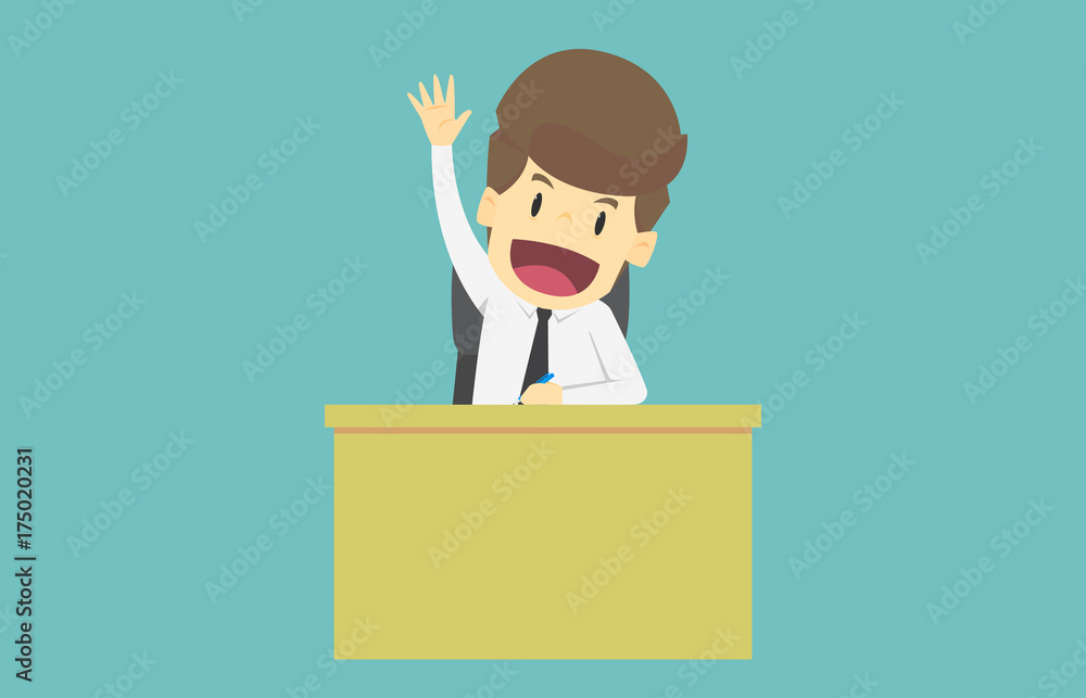 Businessman waving in front of his working place.Cartoon of business ...