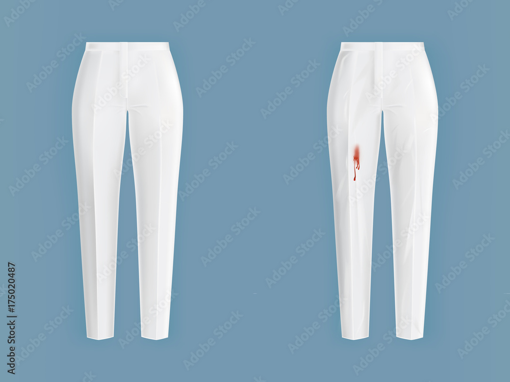 Pare of crumpled, dirty, contaminated with wine, blood, ketchup stain ...