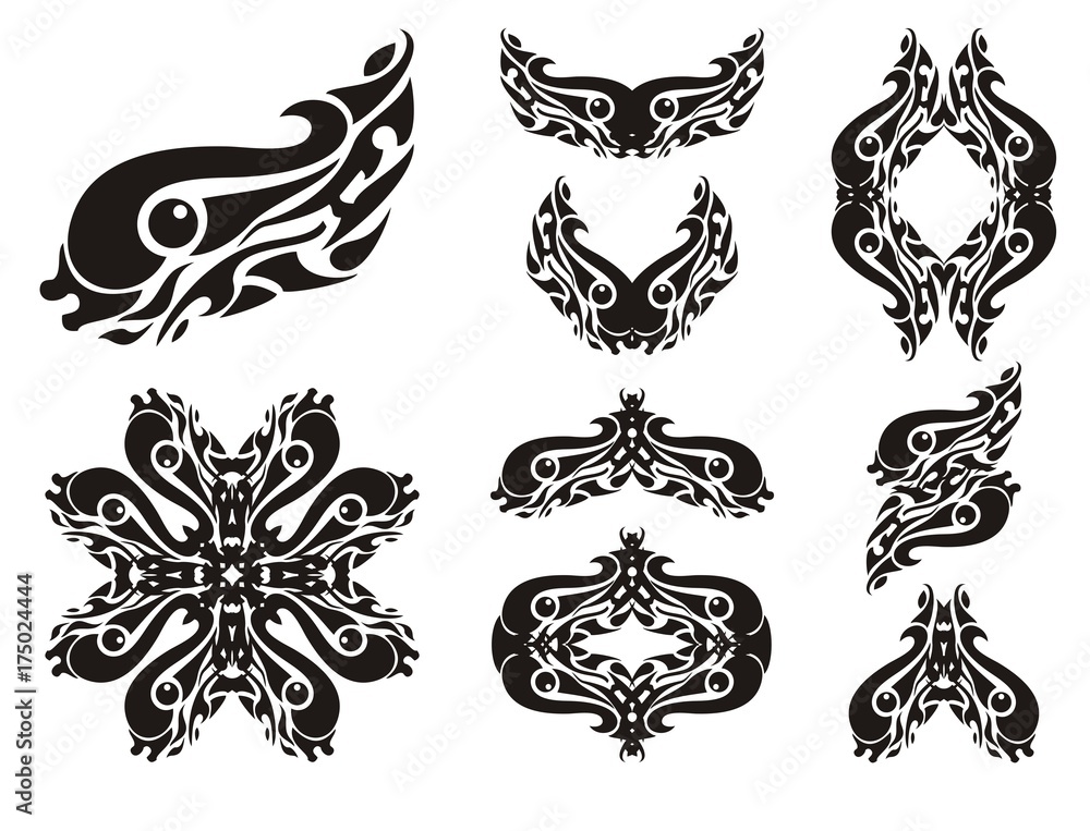 Wavy fish symbols. The stylization of fish, double symbols and frames ...