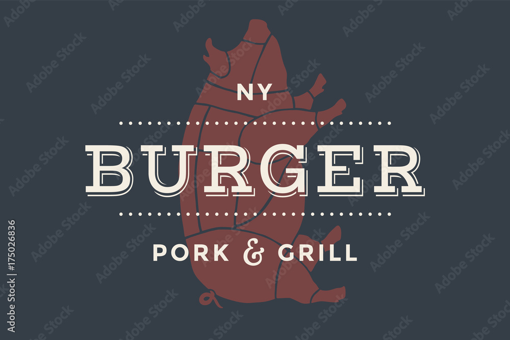 Logo of Burger bar with grill symbols, fork, text Burger, Pork, Grill ...