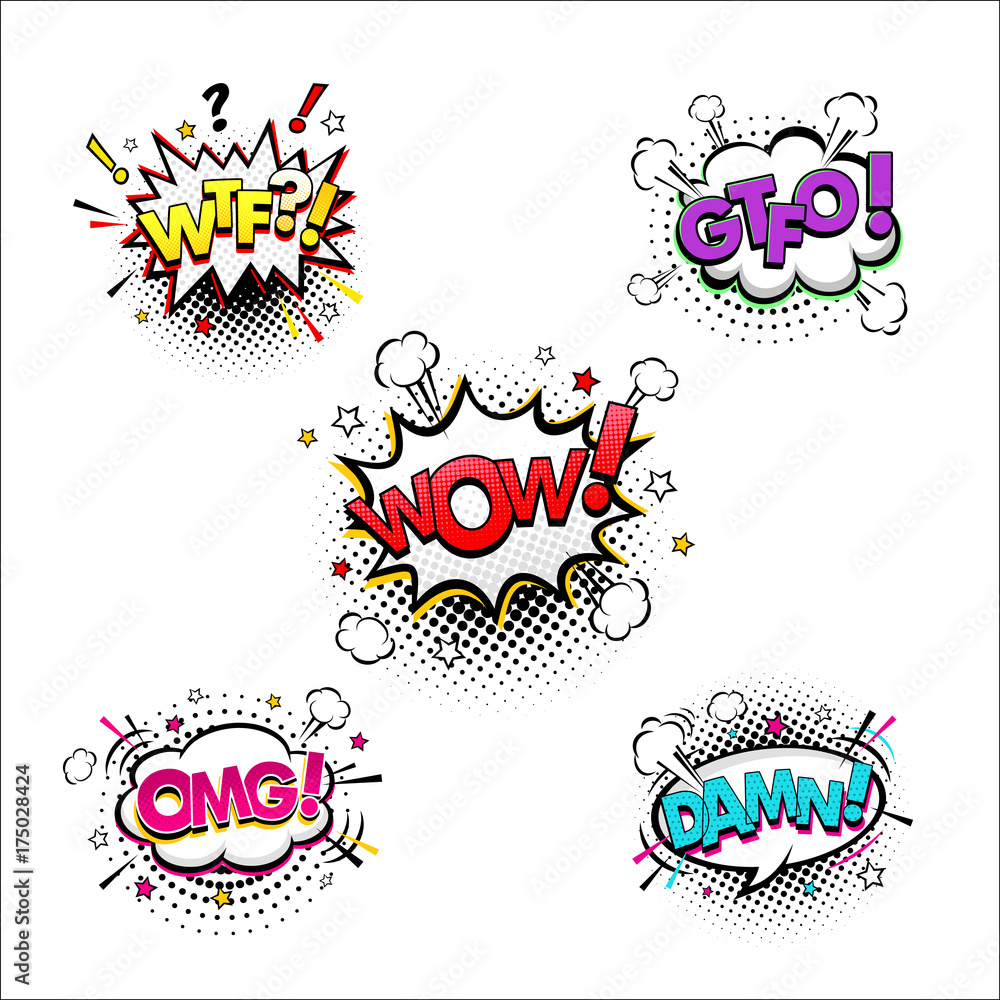 Comic speech bubbles set with different emotions and text Wow, Omg, Gtfo, Damn, Wtf, with stars ...