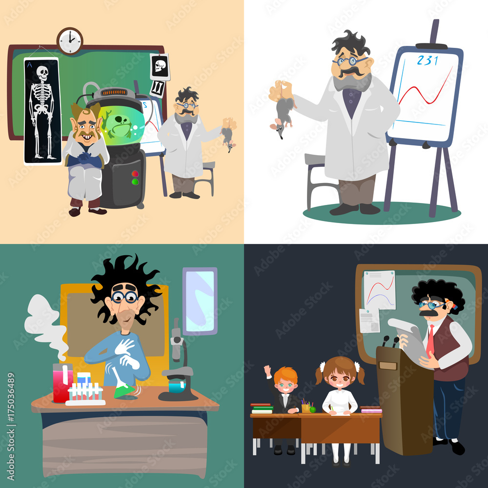 professor and student illustration, Girl and boy with teacher in ...