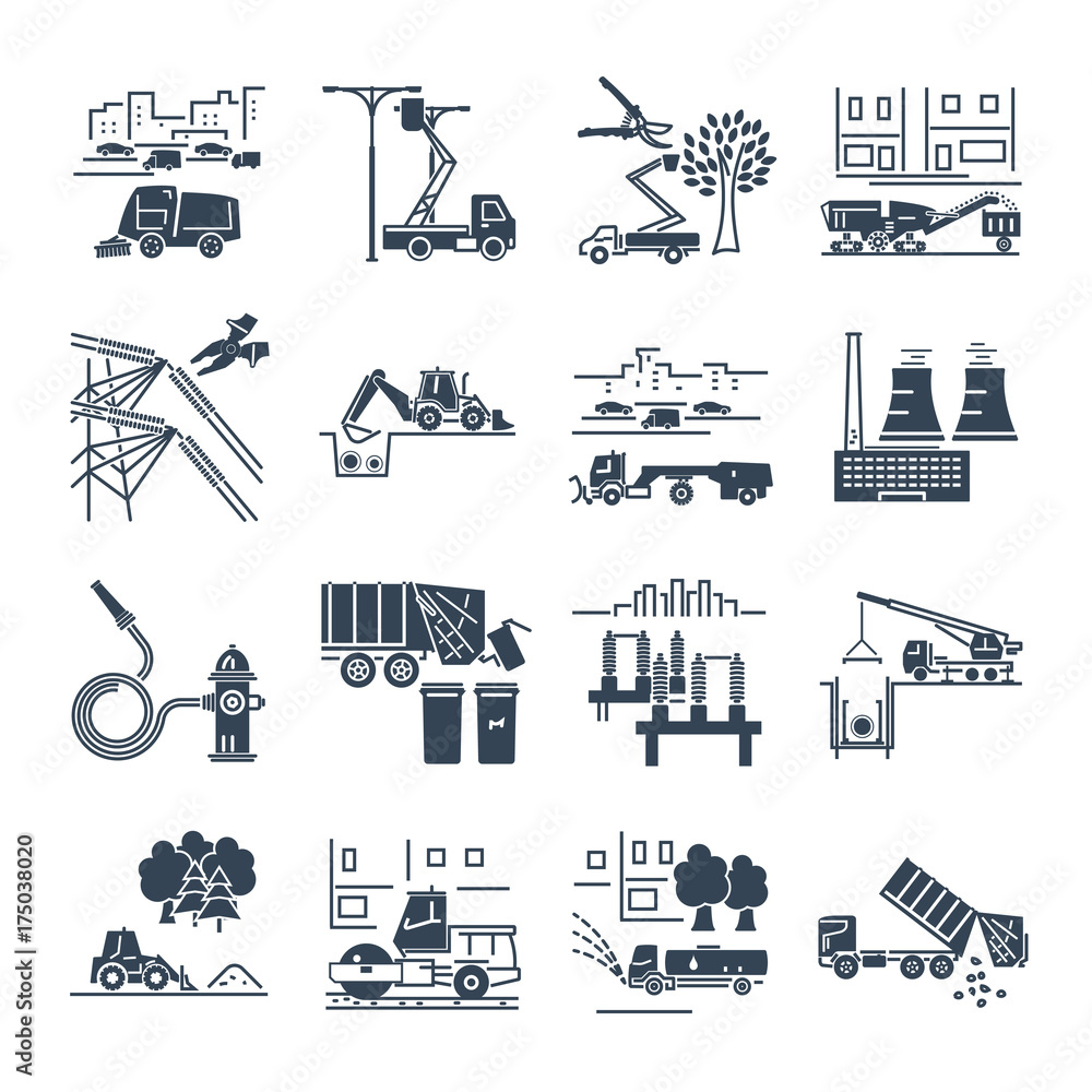 set of black icons public utility, construction, installation ...