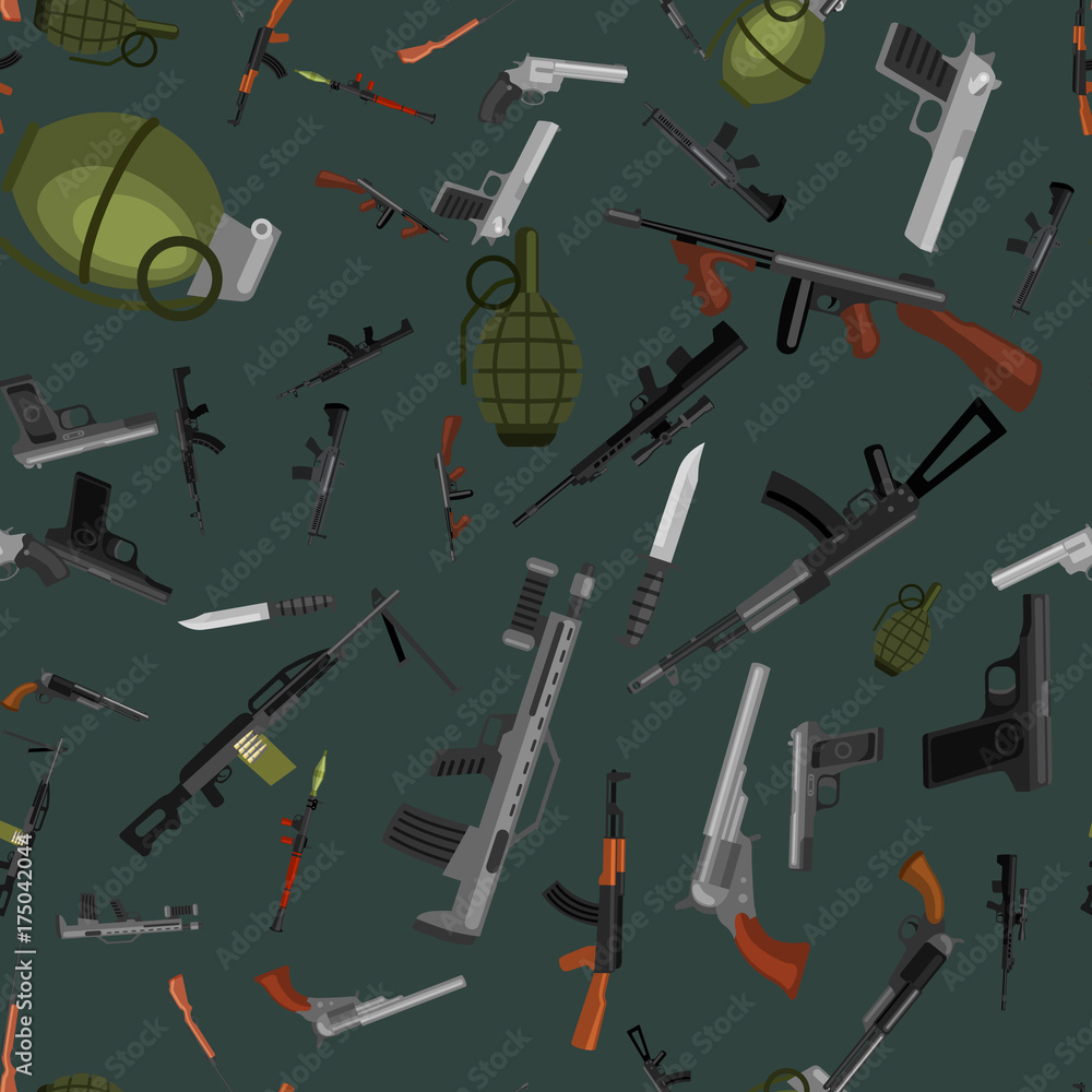 military gun seamless pattern, automatic and hand weapon in magazine ...