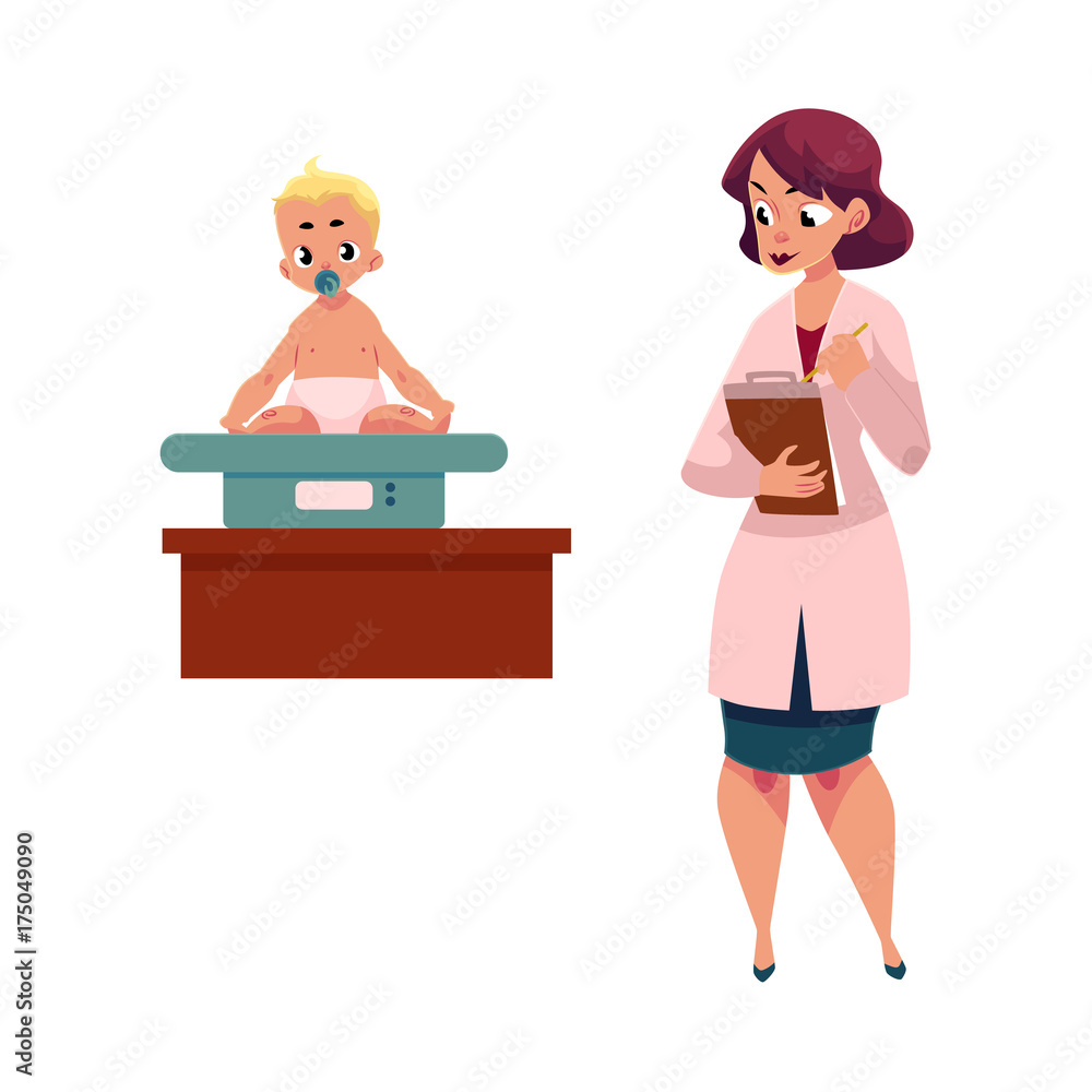 Young woman doctor, pediatrician measuring weight of little baby ...