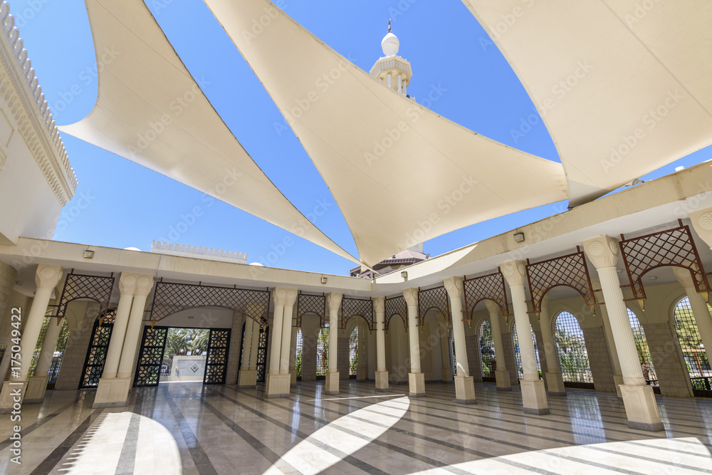 Atrium of a mosque with sun sails giving shade, Aqaba, Stock Photo ...