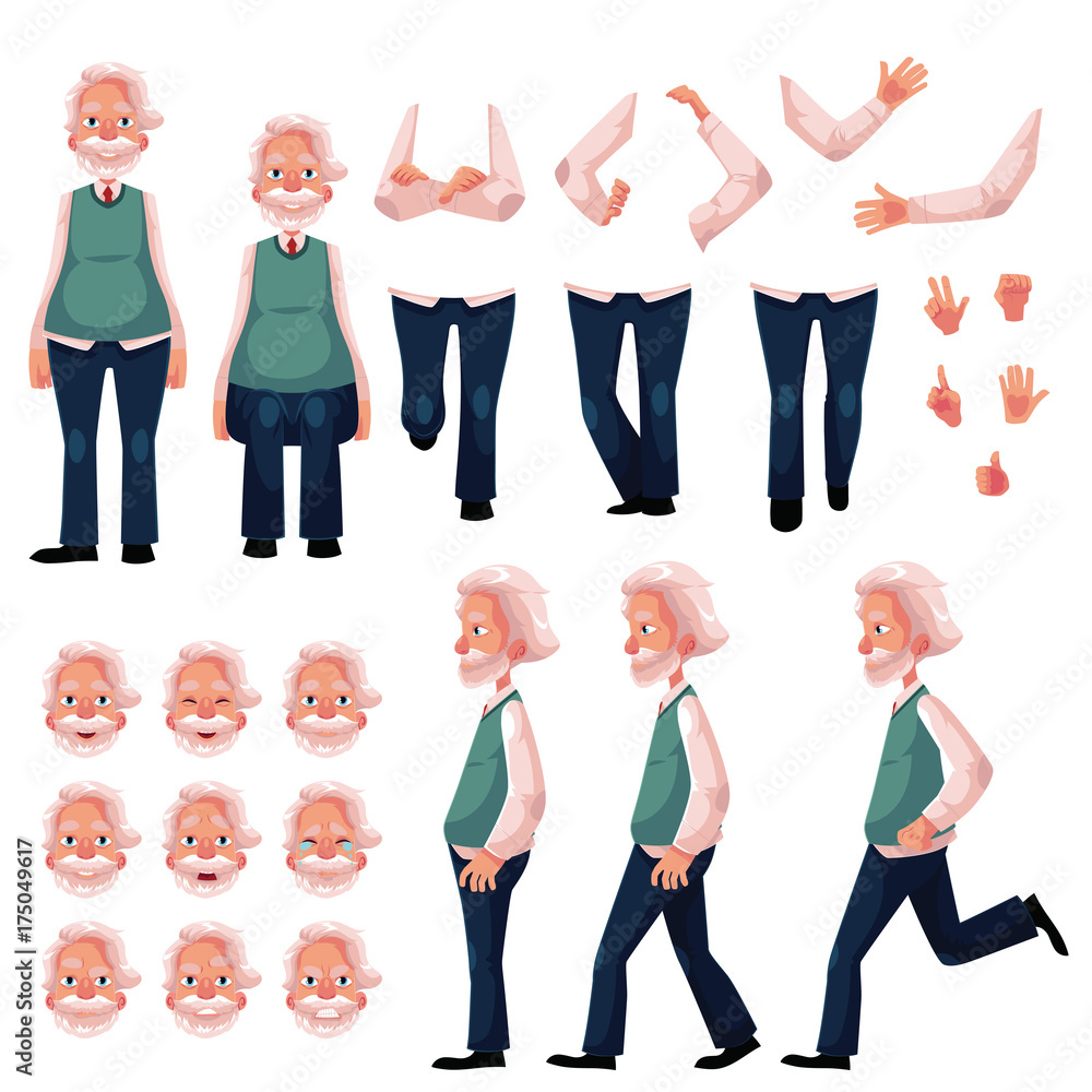 Old, senior man character creation set with different poses, gestures ...
