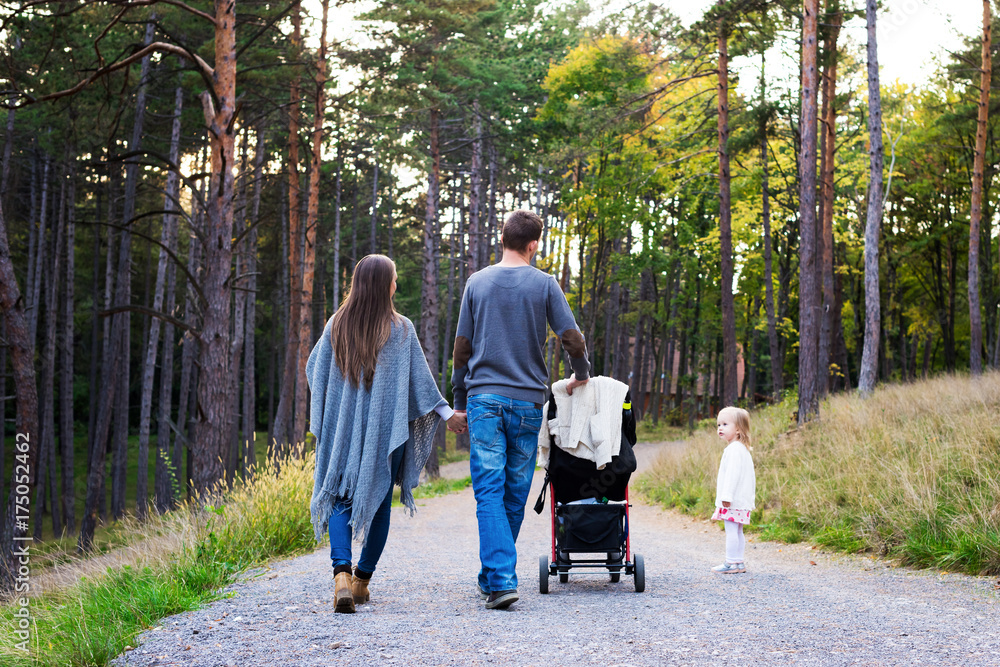 Happy young family taking a walk in a park, back view. Family holding ...