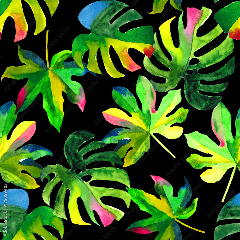 Seamless floral pattern with stylized watercolor exotic leaves of ...