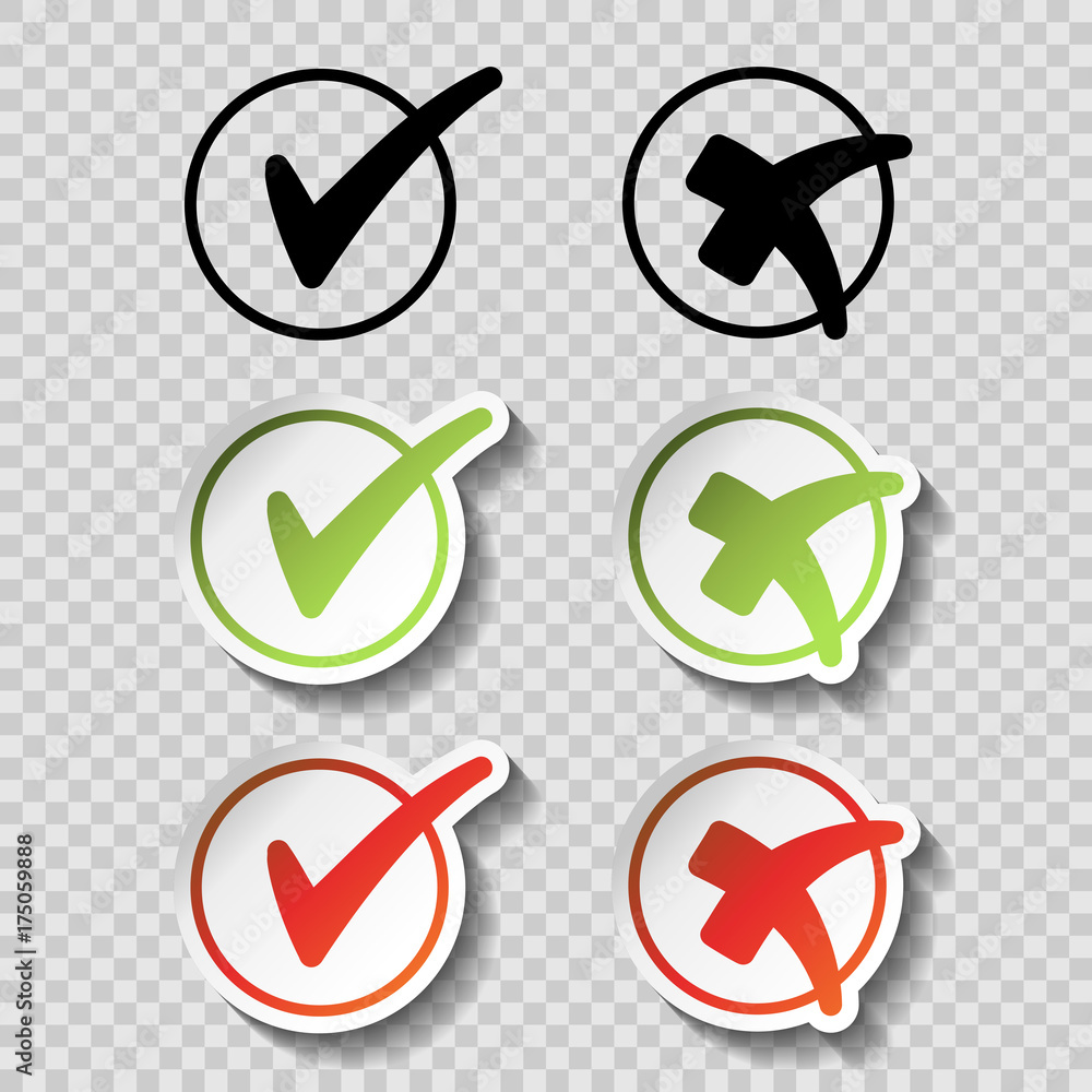 Vector check mark black, green and red simple symbols on transparency ...