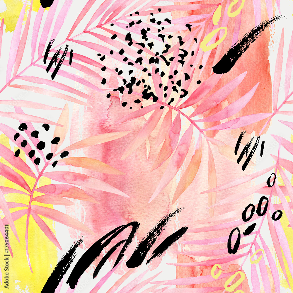 Watercolour pink colored palm leaf and graphic elements painting. Stock ...