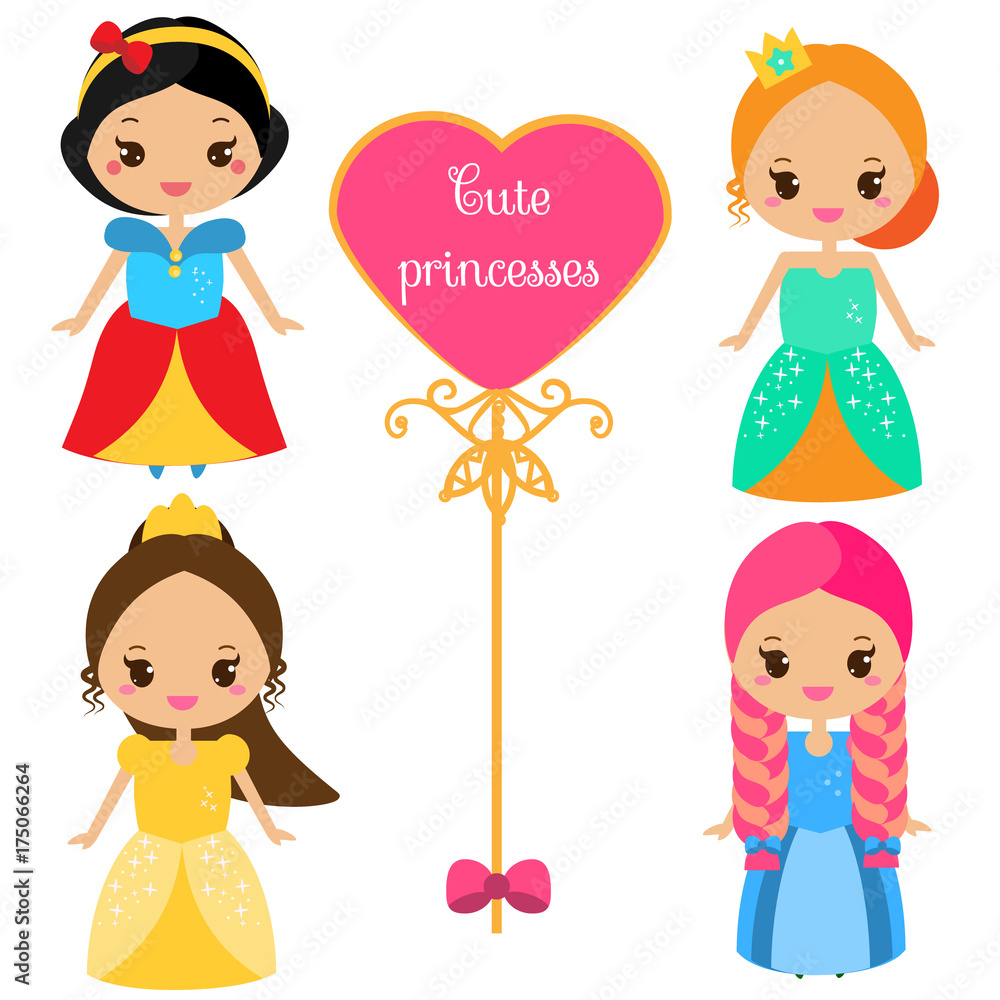 Cute princesses in colorful dresses in kawaii style. Girls in queen ...