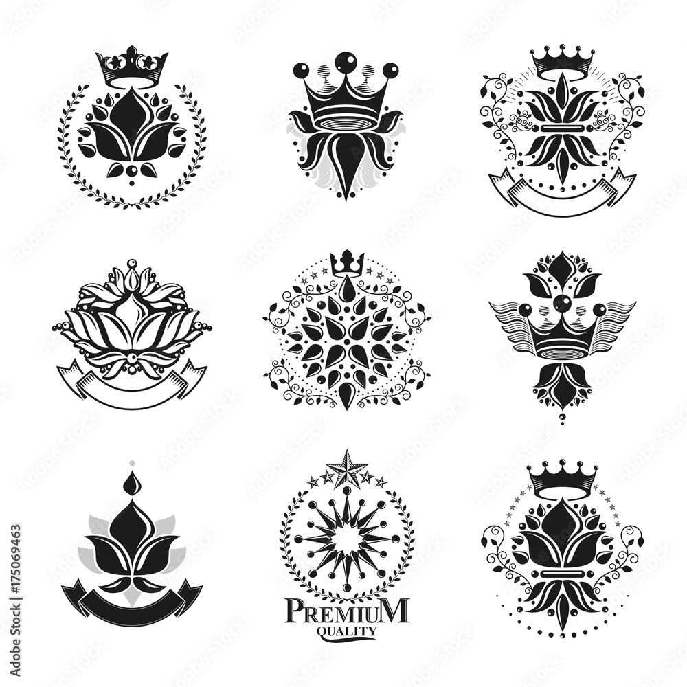 Flowers, Royal symbols, floral and crowns, emblems set. Heraldic Coat ...