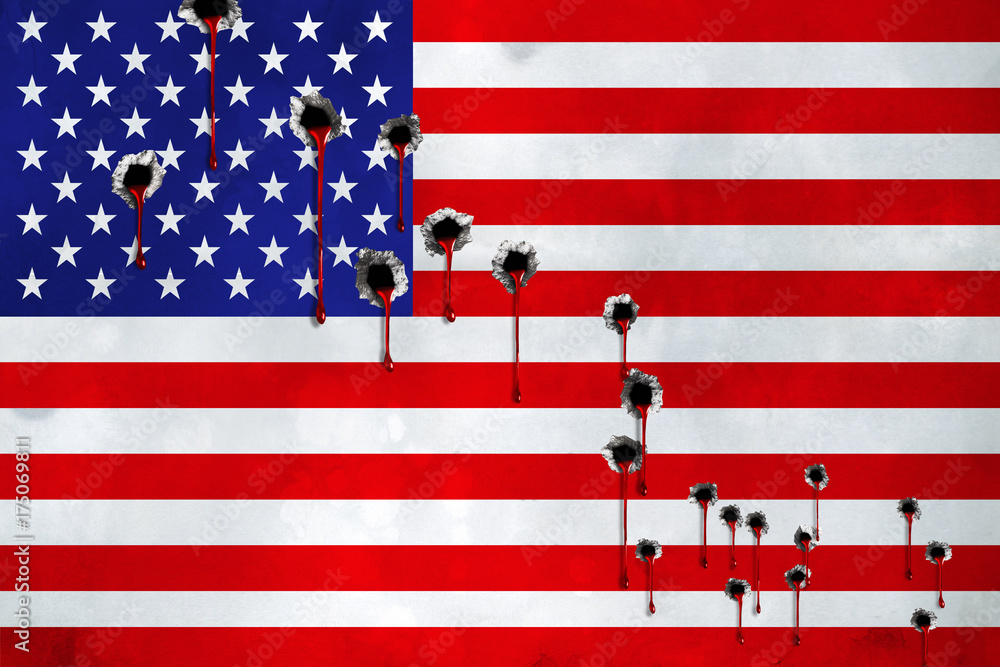 Digital illustration of USA flag on wall with bullet holes and blood ...