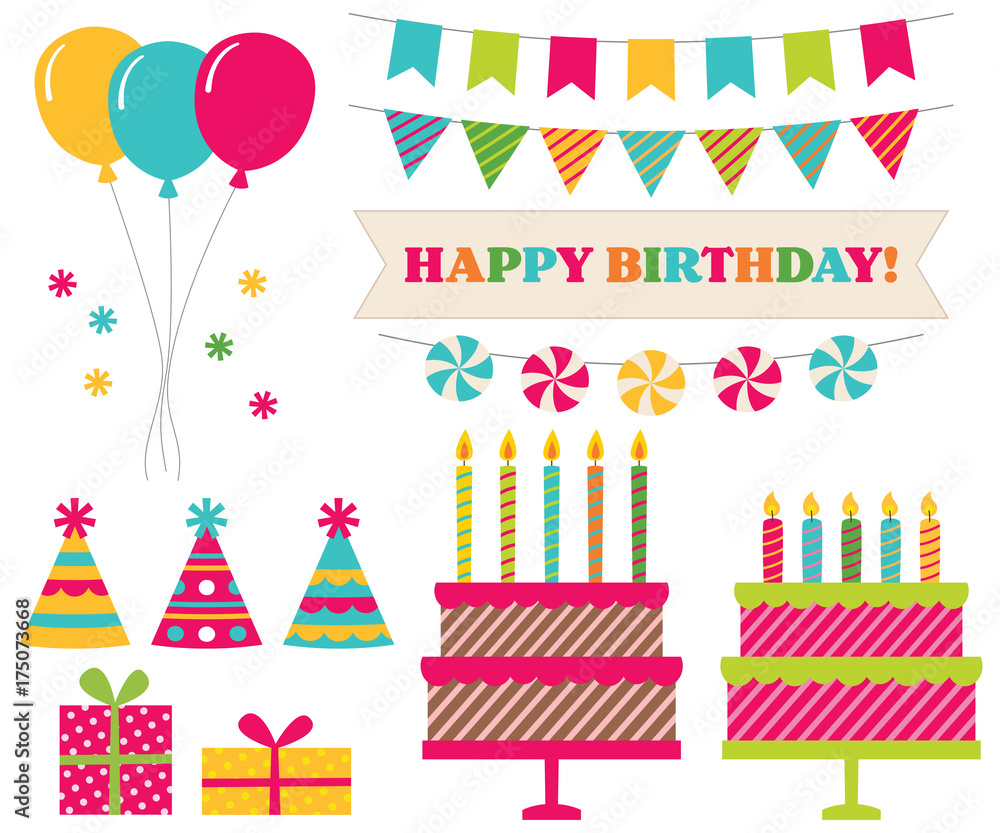 Birthday party collection, isolated design elements Stock Vector ...