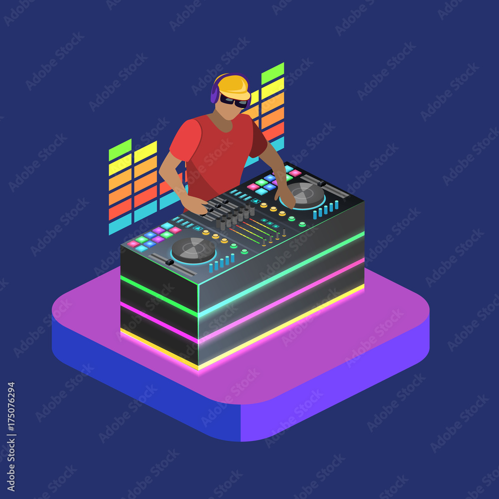 Isometric flat 3D isolated concept vector cutaway DJ playing vinyl. DJ ...