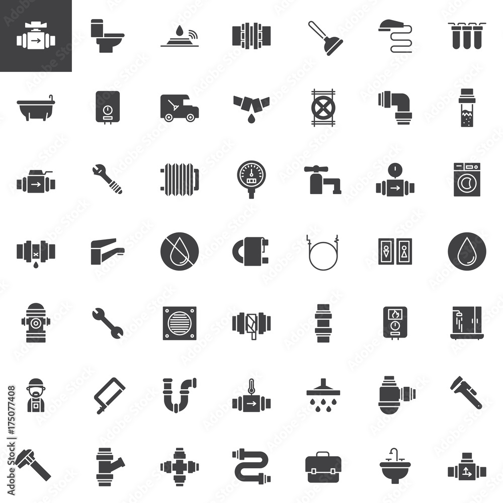 Plumbing vector icons set, modern solid symbol collection, filled ...