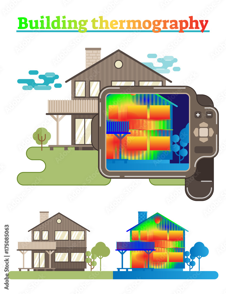 Building thermography illustration. Illustrated house showing ...