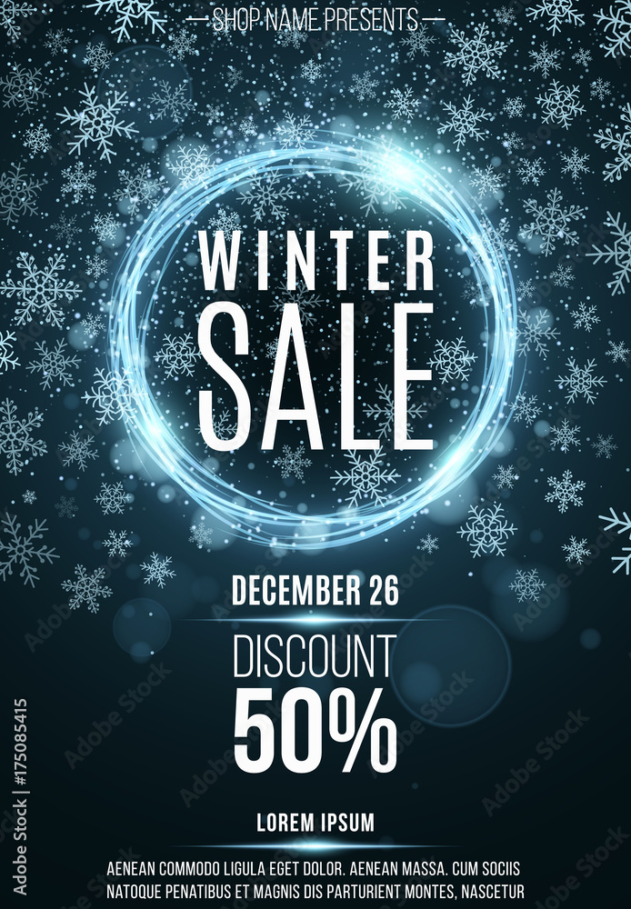 Advertising festive poster for the winter sale. Blue shining banner of ...