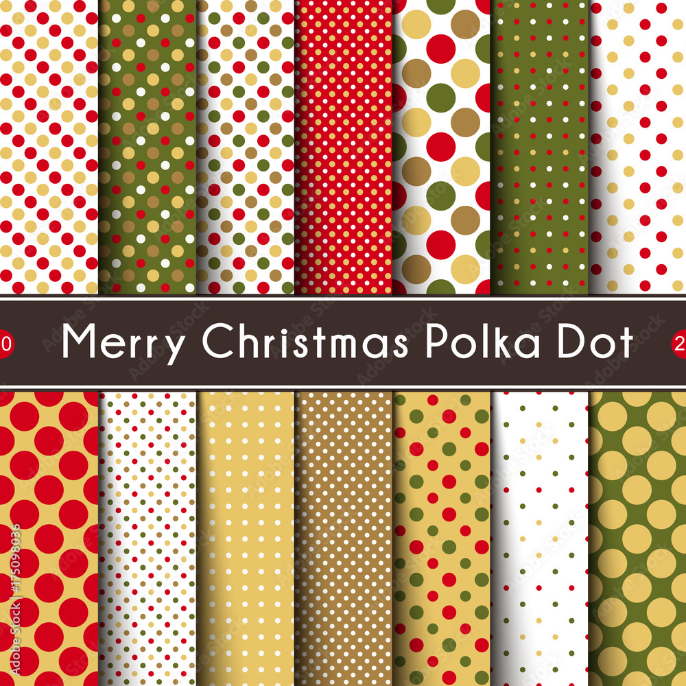 Fourteen Merry Christmas Polka Dot. Vector Seamless Patterns Stock ...
