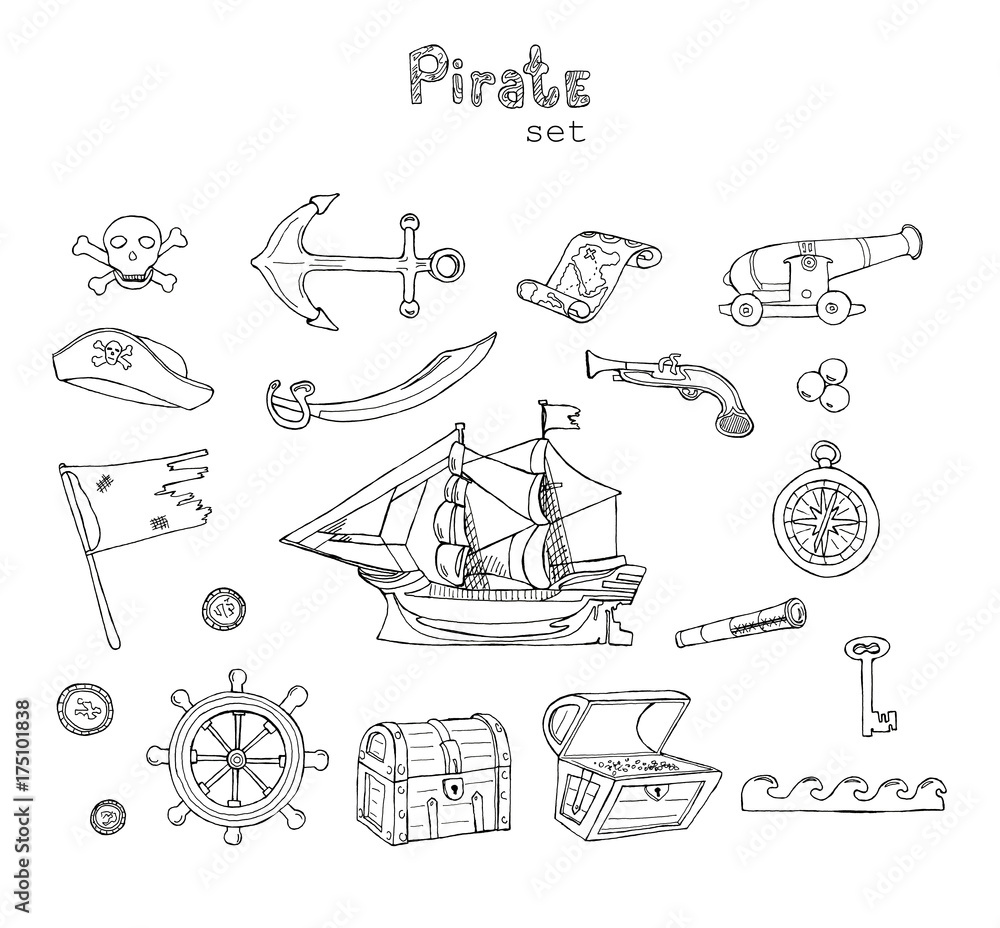 Hand drawn illustration coloring book Pirate set with ship, map, anchor ...