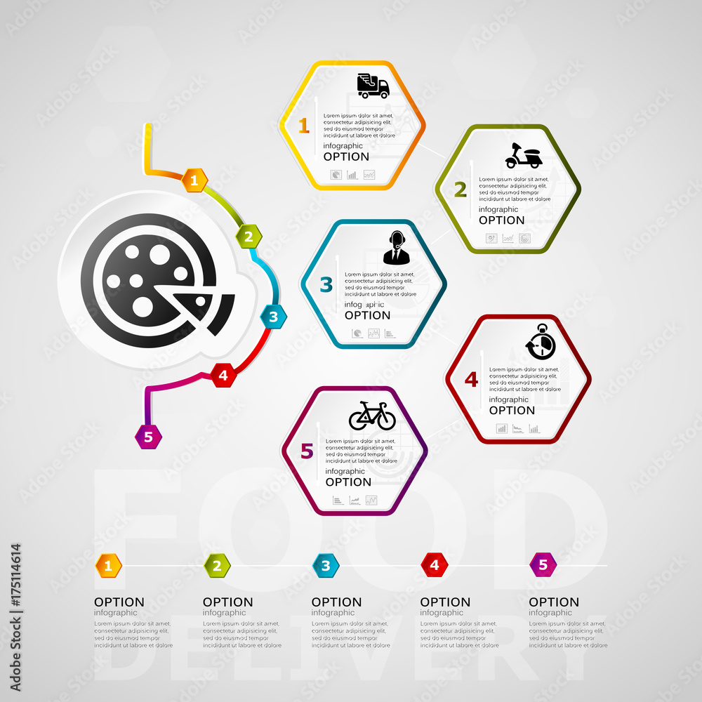 Food Delivery timeline infographics design with five steps or options ...