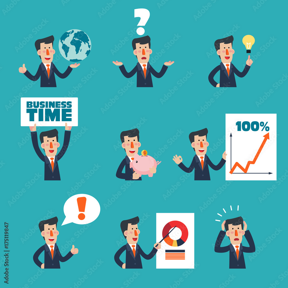 Collection of business man characters in various poses and situations ...