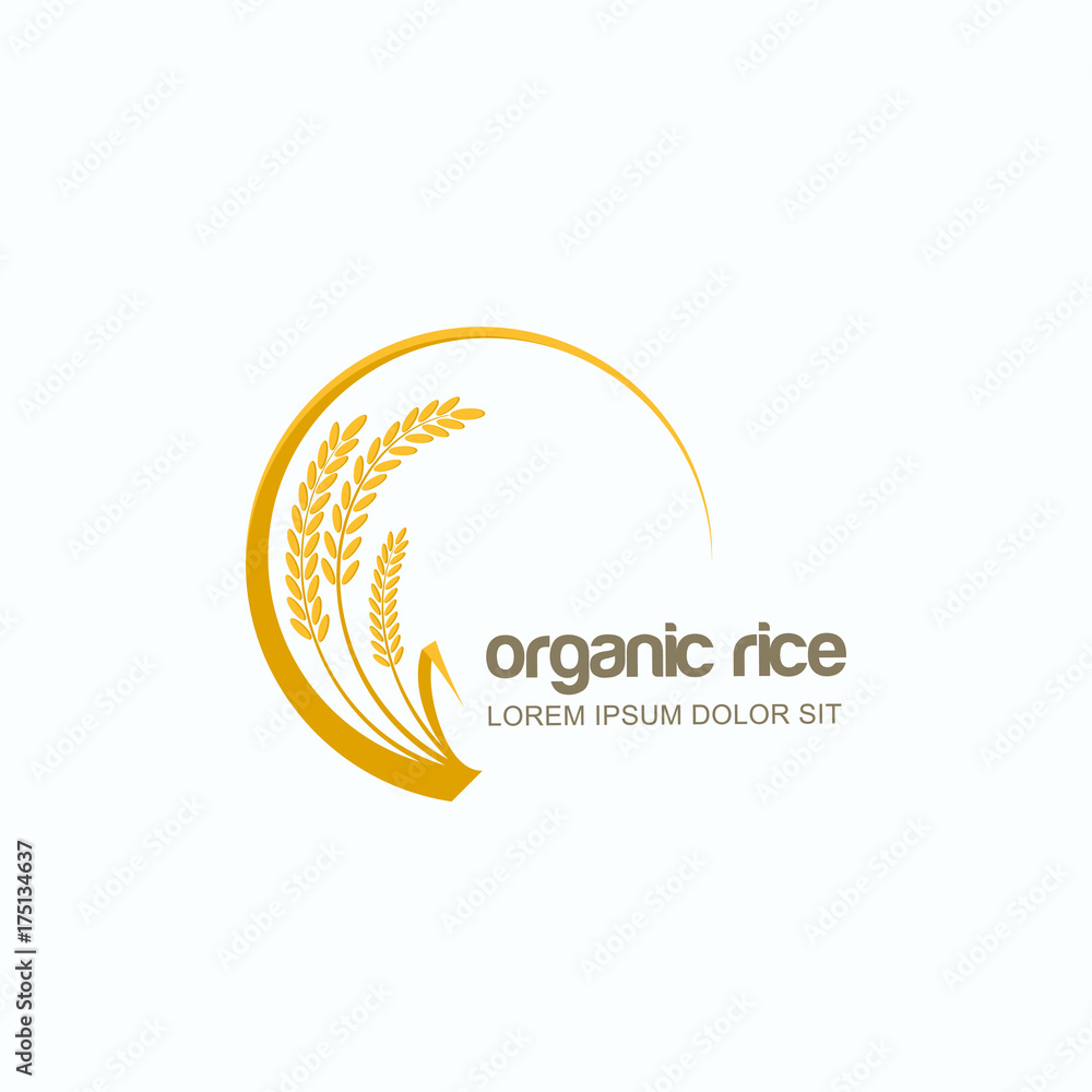 Vector logo, label or package circle emblem with yellow rice, wheat ...