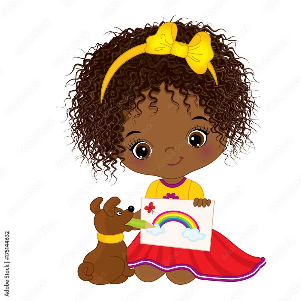 Vector cute Little African American Artist Drawing. Vector Little Girl ...