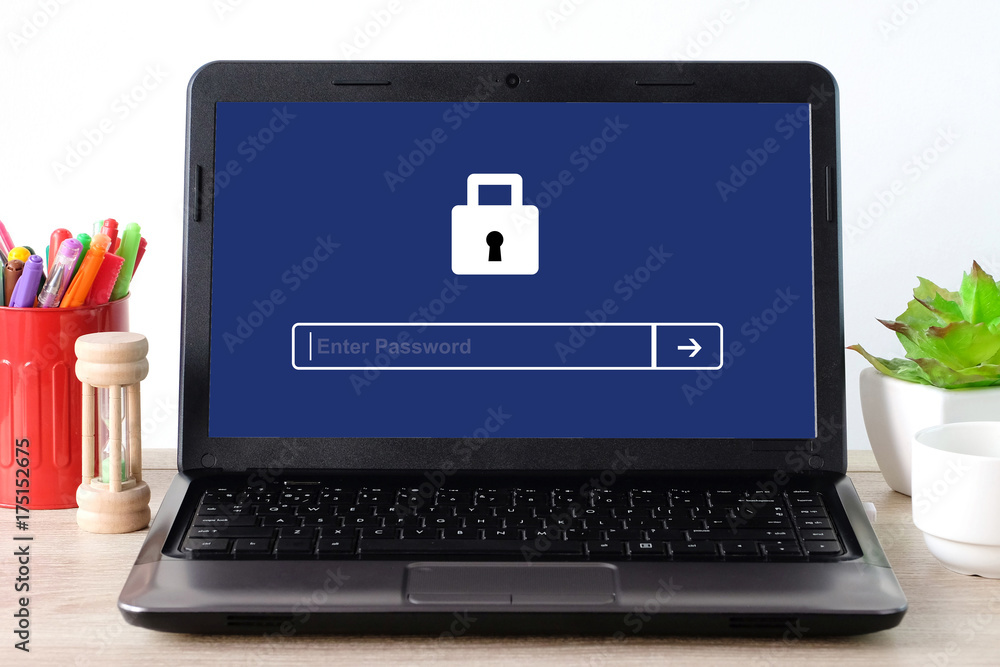 Labtop computer with password login on screen, cyber security concept ...