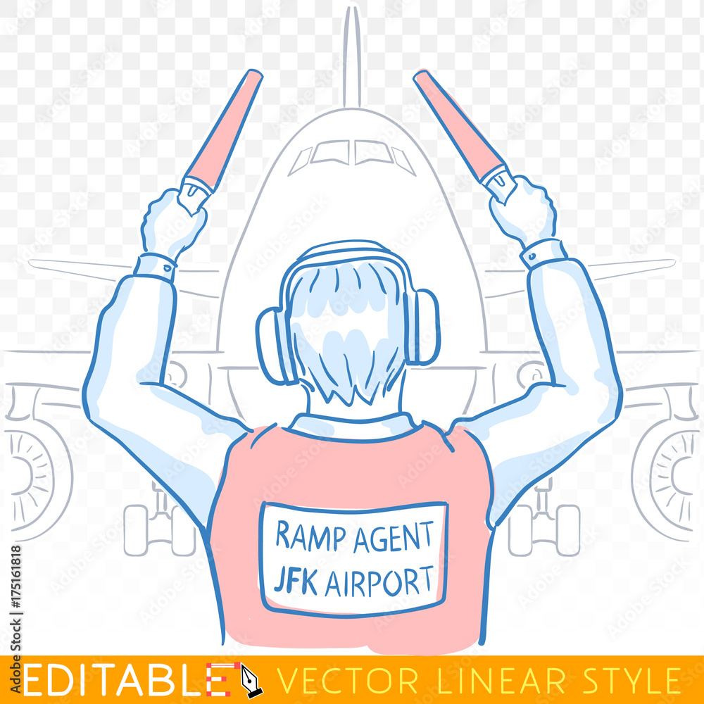 Ramp agent marshaling aircraft. Employee of a runway in the airport ...