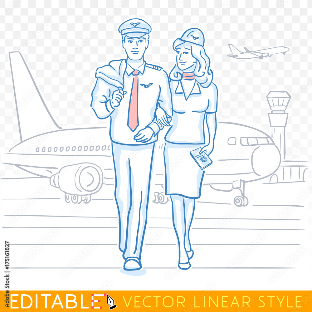 Pilot and stewardess. Crew of a civil aircraft in the airport. Editable ...