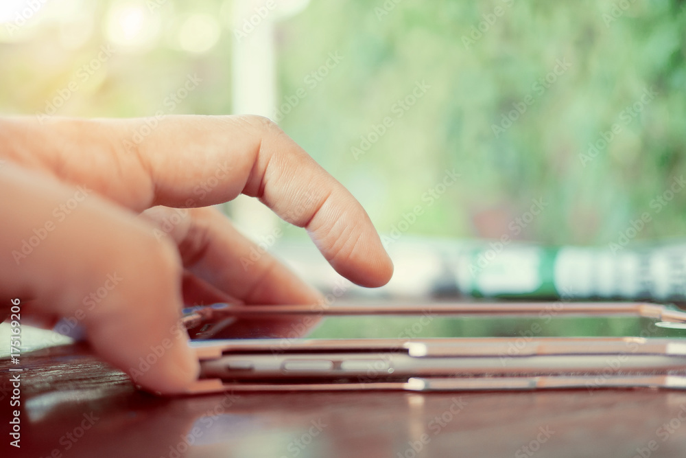 finger touch screen smartphone / use phone / typing sms Stock Photo ...