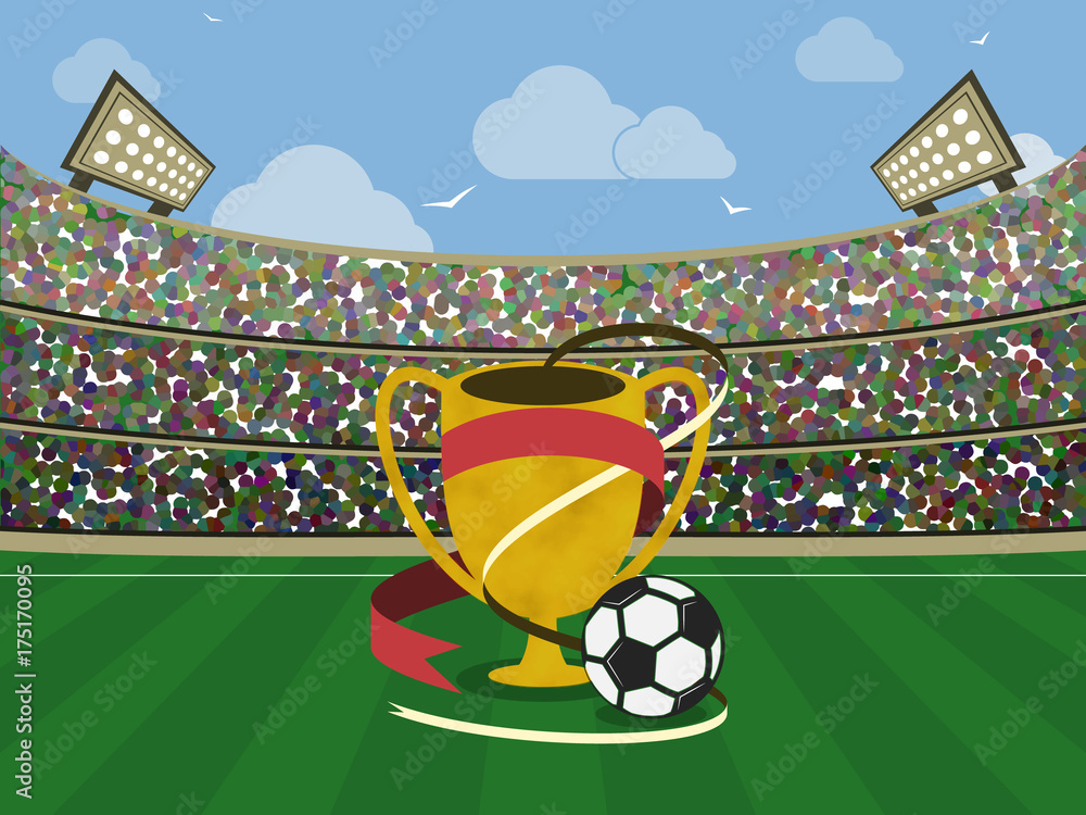 Soccer stadium and gold trophy with red ribbons and ball. Football ...