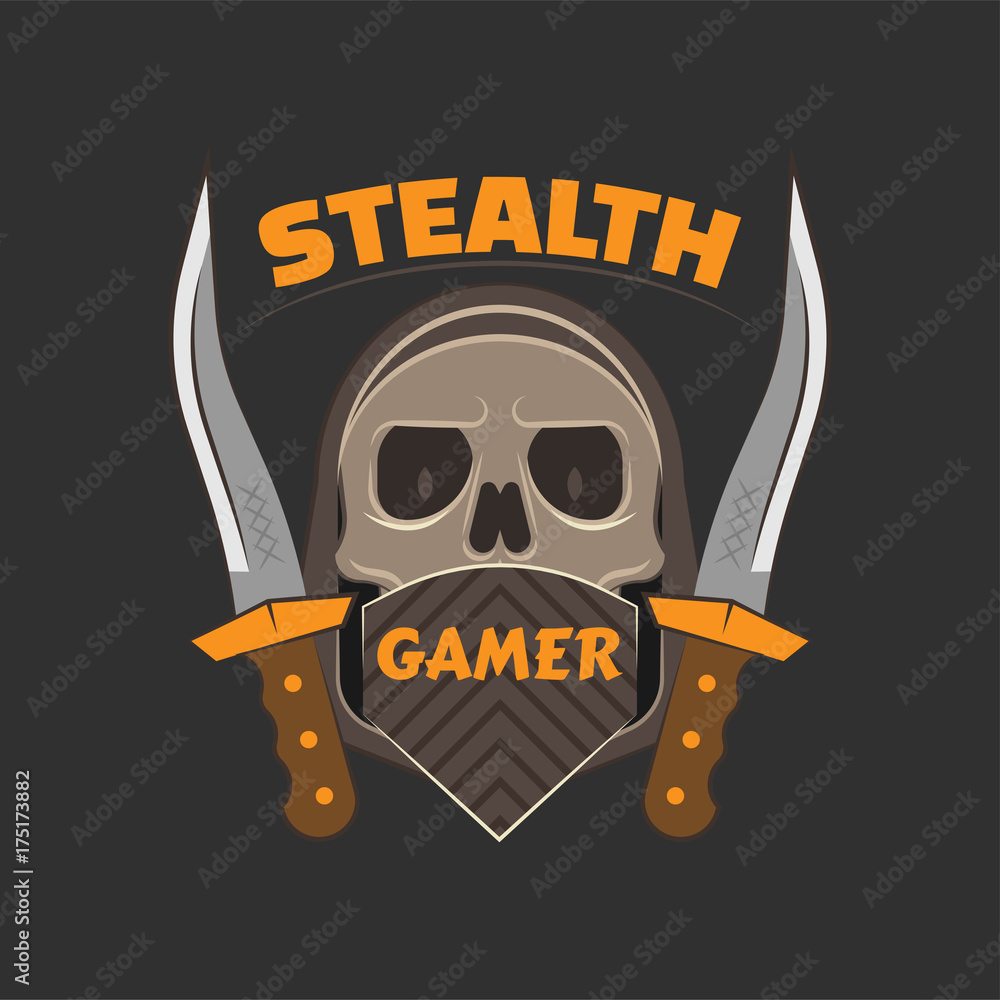 Stealth gamer logo with a skull under face mask and hood and a dirk on ...