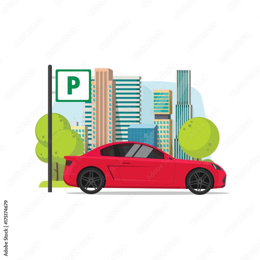 Car parked near city vector illustration, flat cartoon parking lot with ...