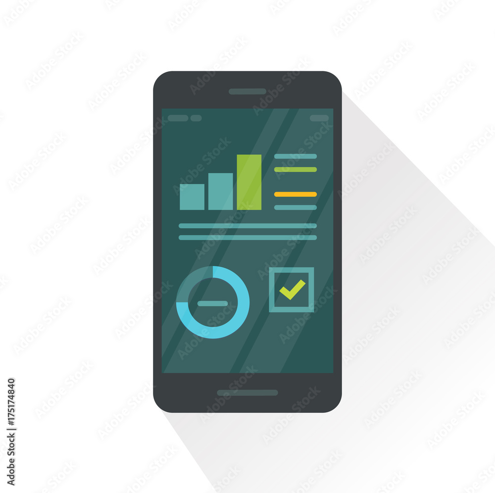 Mobile phone with statistics report graphs vector illustration, flat ...