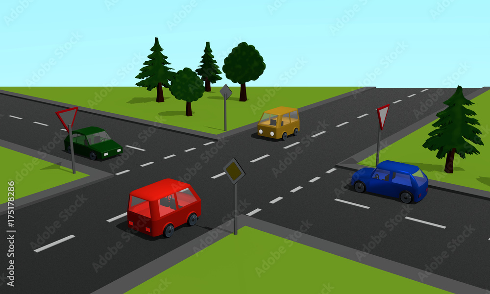 Straßenkreuzung mit den Schildern Vorfahrtsstraße und Vorfahrt gewähren ...