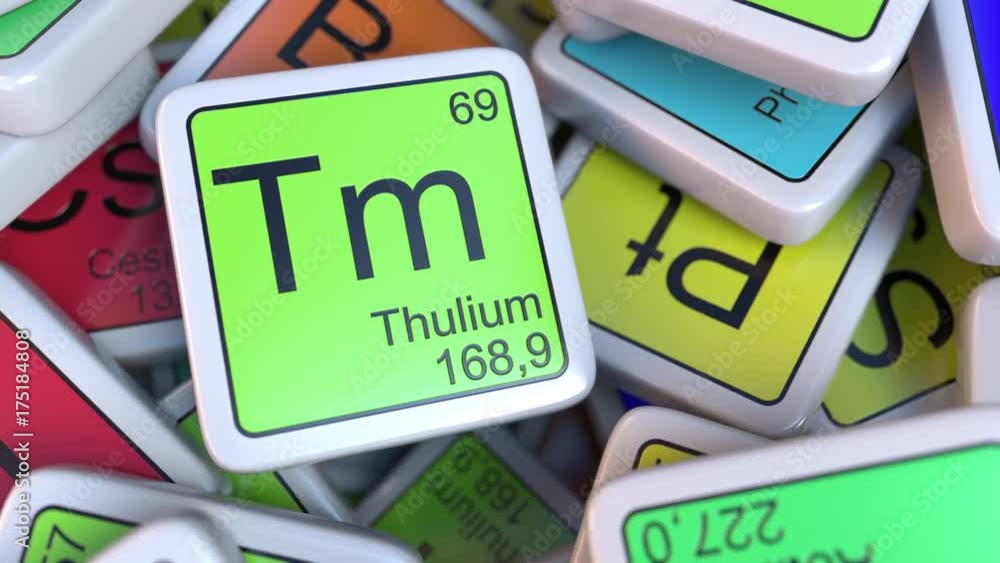 Thulium Tm block on the pile of periodic table of the chemical elements ...