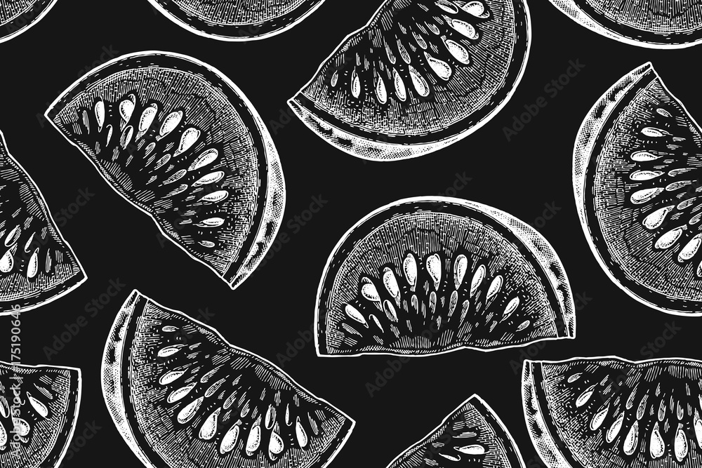Slices of watermelon white chalk on black board. Seamless pattern ...